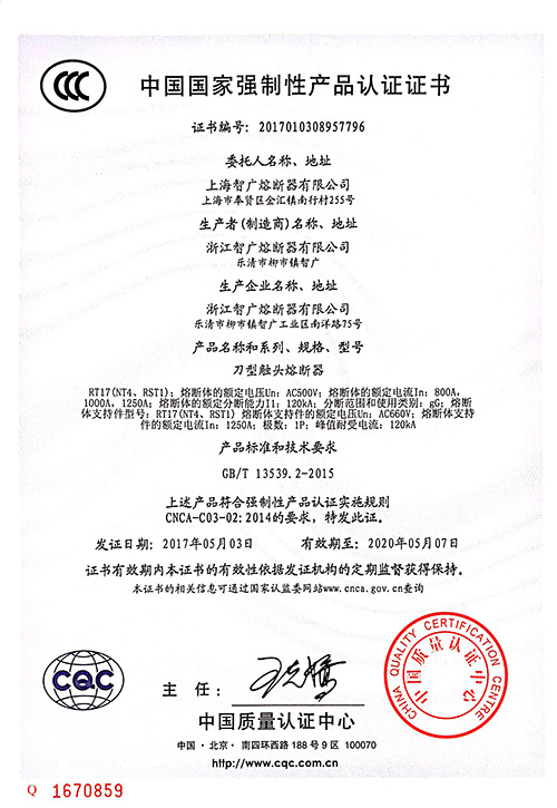 Certificate - Shanghai Zhiguang Fuse Co.,Ltd